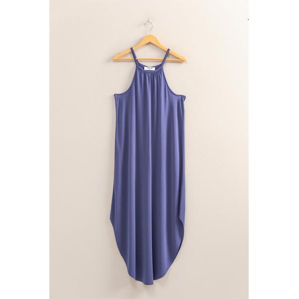 ROUND HEM SIDE SLIT HALTER NECK MIDI DRE DUSTY INDIGO | Gibbons