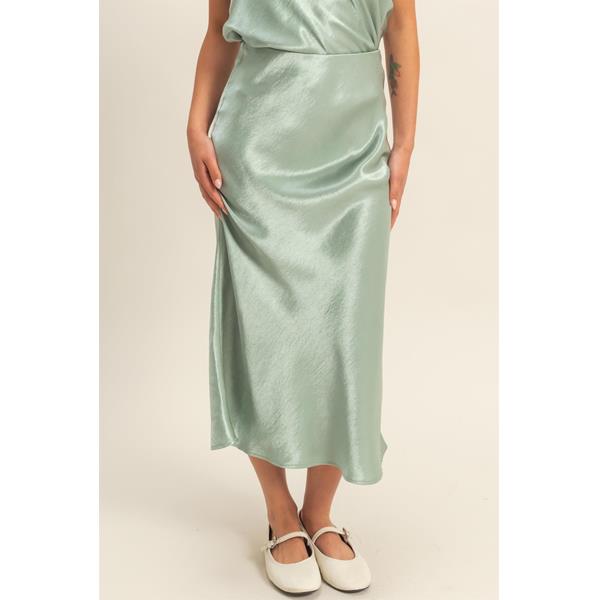 HIGH WAIST SATIN A-LINE MIDI SKIRT SAGE GREEN | Gibbons