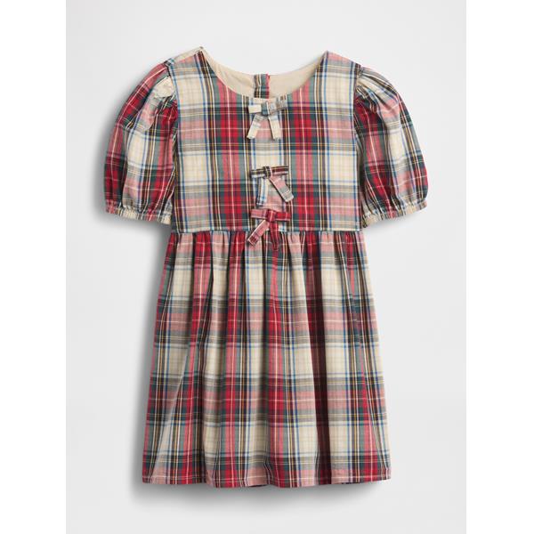 SS PUFF SLV BOW PLAID DRS WHITE RED PLAID | Gibbons