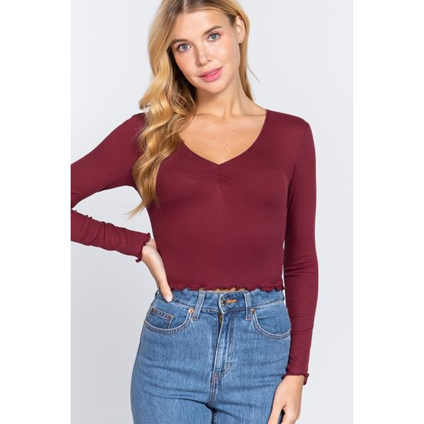 LONG SLV MERROW HEM RIB KNIT TOP WINE | Gibbons