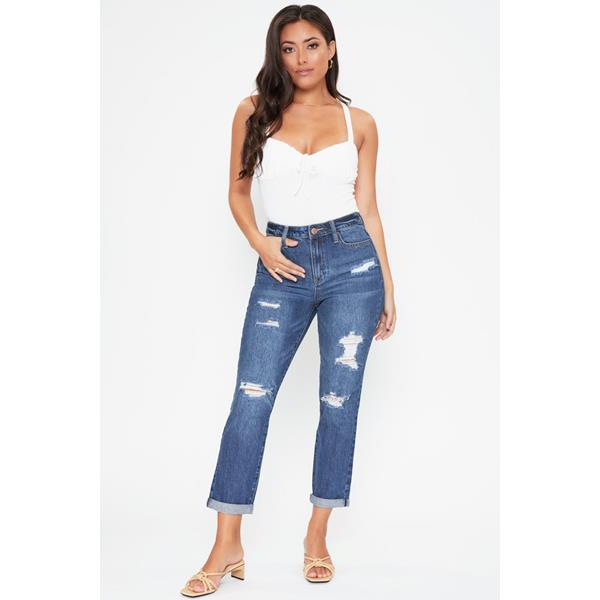 MOM JEANS WITH RIPS 2812N DARK MED | Gibbons