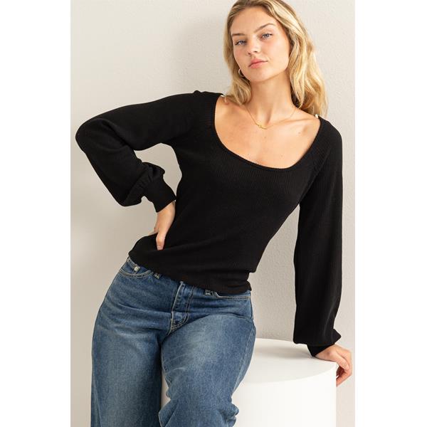 BALLOON SLEEVE SQUARE NECK SWEATER TOP BLACK | Gibbons