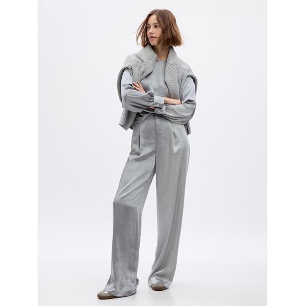 PLEATED SATIN WIDE LEG STORM CLOUD | Gibbons