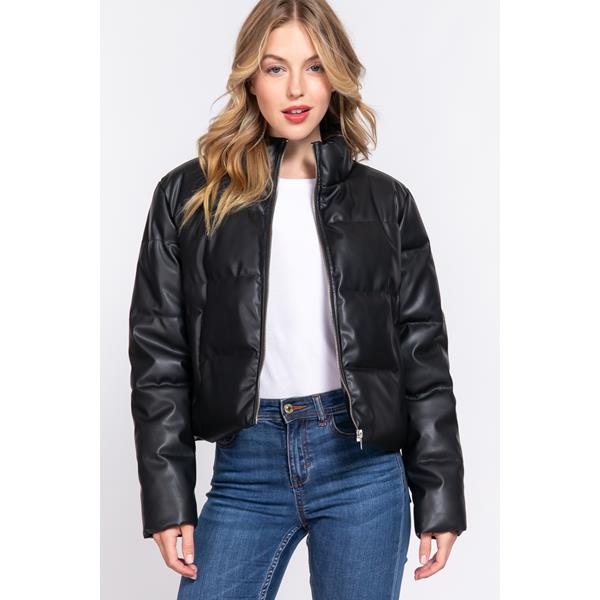 HIGH NECK QUILTED PU PUFFER JACKET BLACK | Gibbons