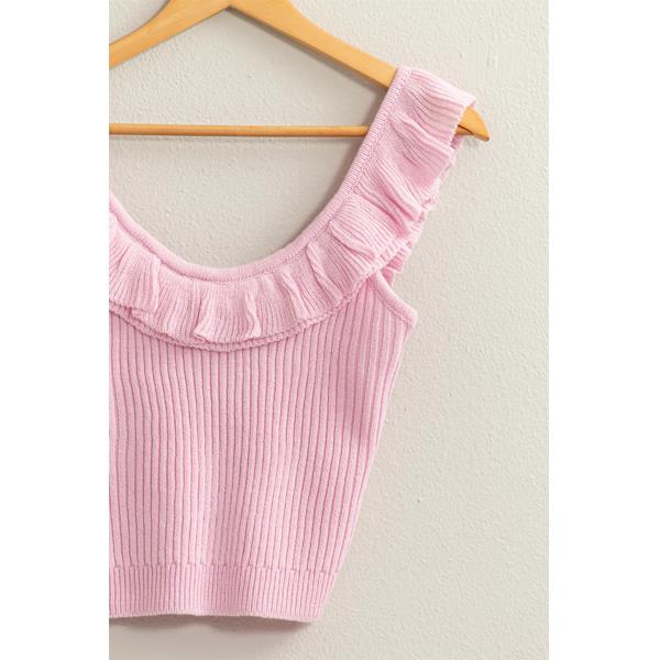 RIBBED NECK FRILL TANK PINK | Gibbons
