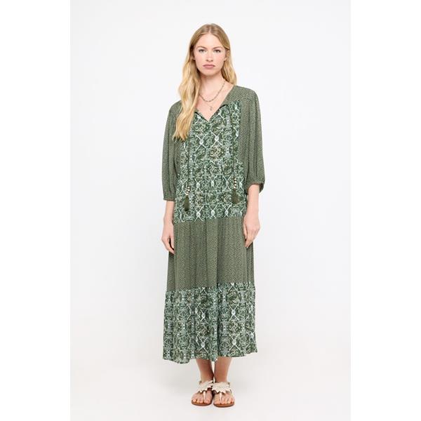 COMBINED PRINT DRESS WITH LUREX AND STRI GREEN PRINT | Gibbons