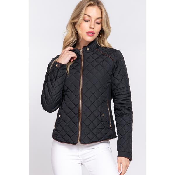 SUEDE PIPING RIB QUILTED PADDING JACKET BLACK | Gibbons